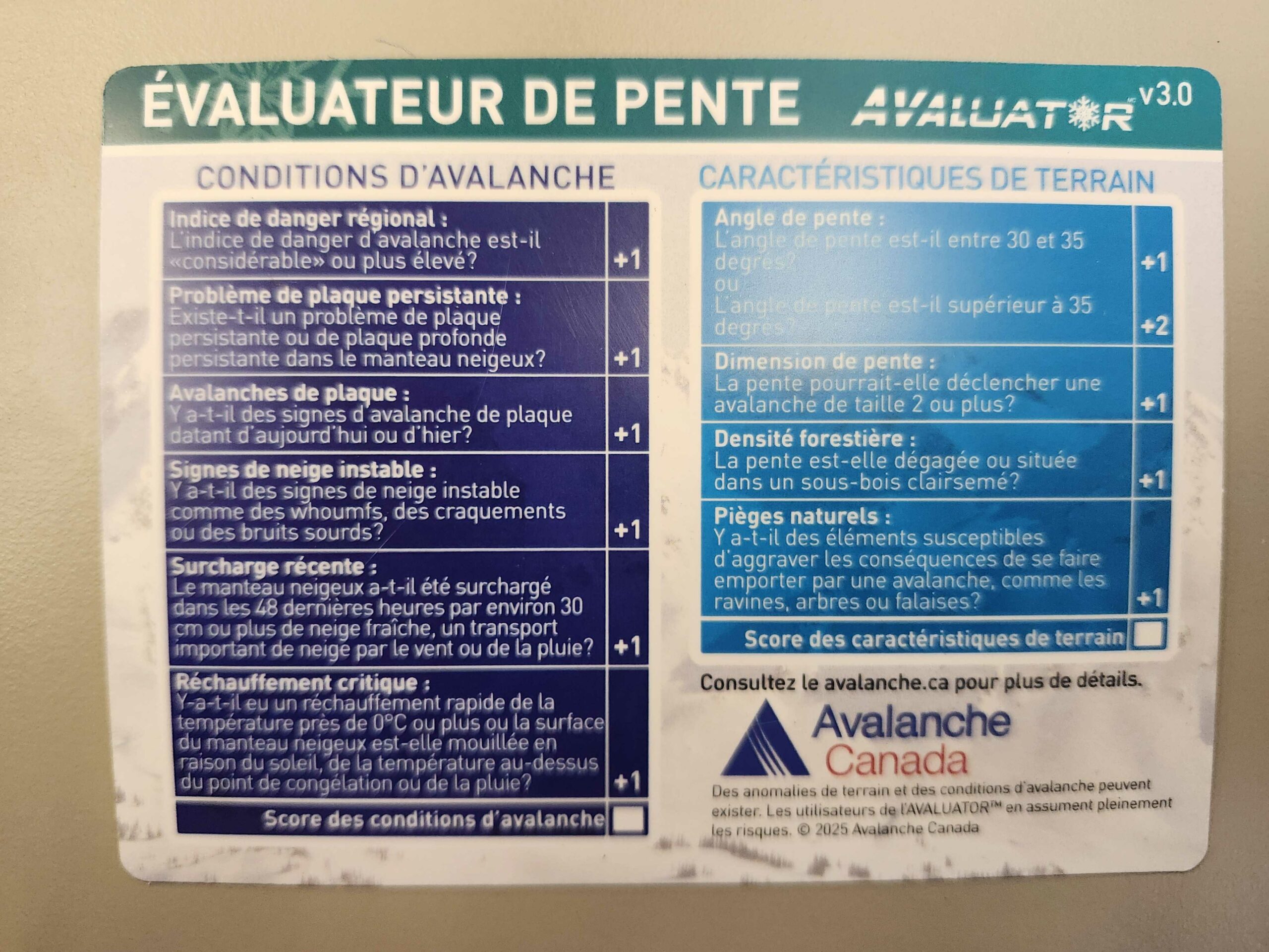Slope evaluator card - Avaluator v3.0 (version anglaise) - Avalanche Québec